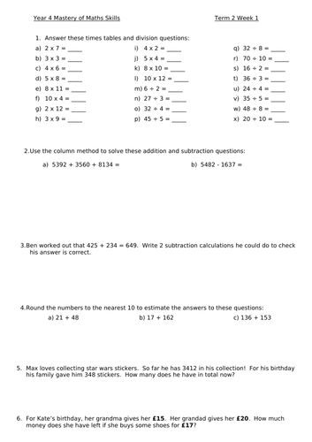 Year 4 Maths Mastery + answers. Autumn terms 1 + 2 | Teaching Resources