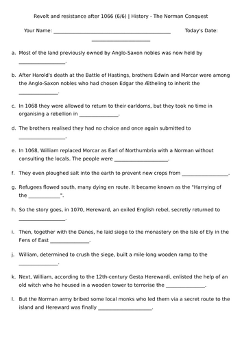 1066: SIX BBC Video Question Sheets | Teaching Resources