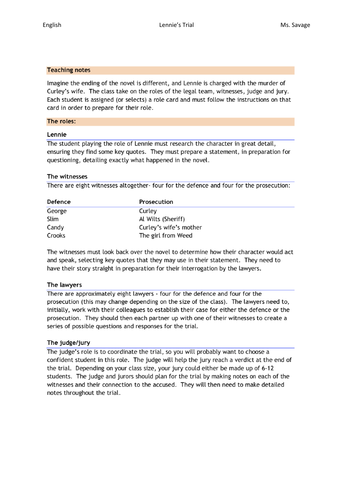 Of Mice and Men - Lennie' Murder Trial | Teaching Resources