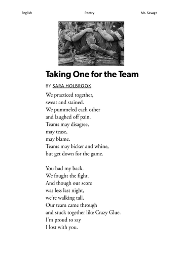 Poetry: Taking One For The Team (PowerPoint and Worksheet) | Teaching ...