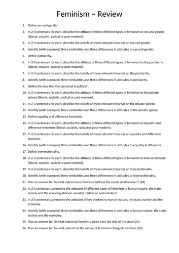 Feminism revision activities - Unit 2 Politics Edexcel | Teaching Resources