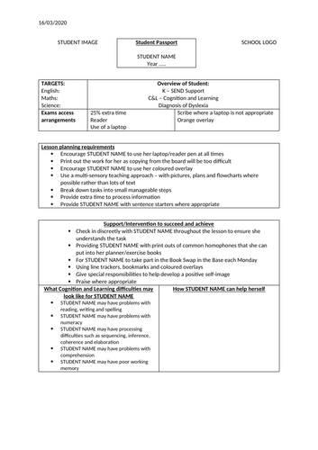Pupil Passports for SEND students | Teaching Resources