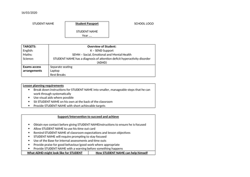 Pupil Passports for SEND students | Teaching Resources