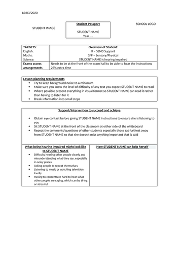 Pupil Passports for SEND students | Teaching Resources