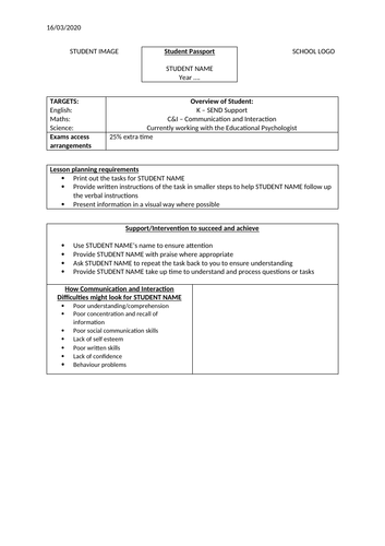 Pupil Passports for SEND students | Teaching Resources