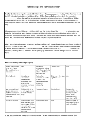 Gcse Re Relationships And Families Revision Teaching Resources