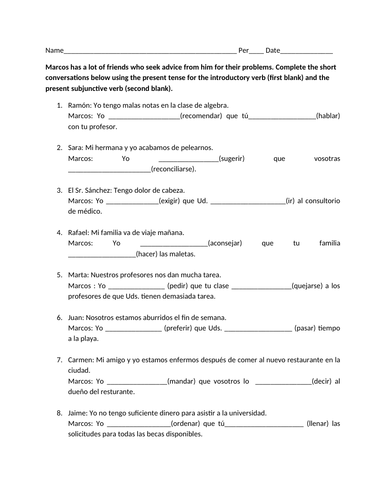 Subjunctive with advice worksheet | Teaching Resources