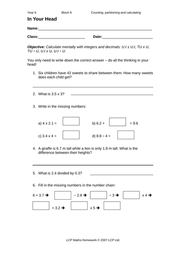 Year 6 Maths Homework Pack (46 sheets) including answers | Teaching ...