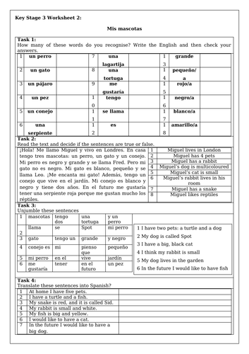 Spanish KS3 Independent Study Worksheets: Describing my family, Pets ...