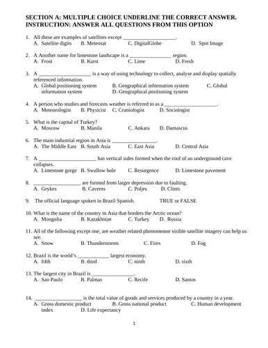 Geography KS3(YEAR 8), Examination Paper and Mark Scheme | Teaching ...