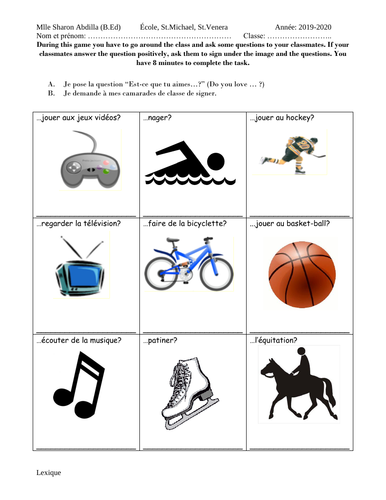 Est-ce que tu aimes…? Loisirs: Do you love ...? Hobbies | Teaching ...