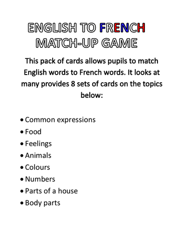 English to French Match-up Game - 11 Pages | Teaching Resources