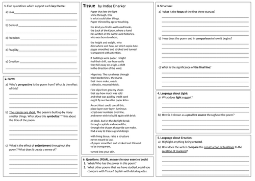 Tissue Analysis Worksheet Power & Conflict | Teaching Resources