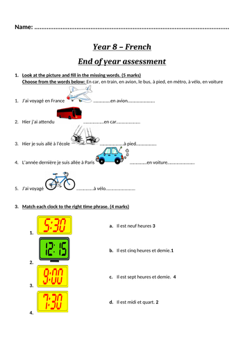 Year 8 - French Assessment + Markscheme | Teaching Resources