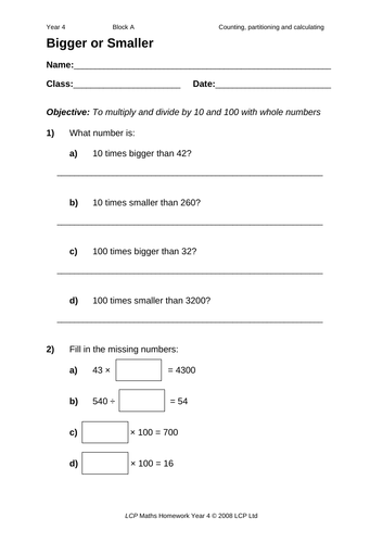 Year 4 Maths Home learning Mini Pack, 8 sheets with Answers and ...
