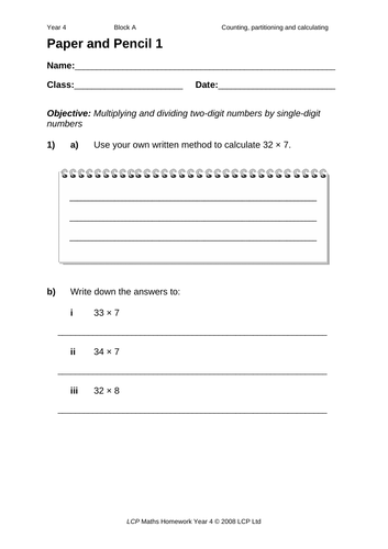 Year 4 Maths Home learning Mini Pack, 8 sheets with Answers and ...