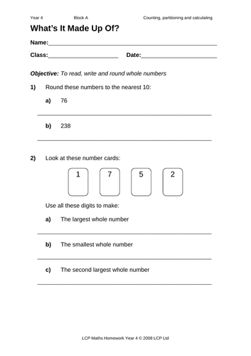 Year 4 Maths Home learning Mini Pack, 8 sheets with Answers and ...