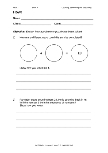 Year 3 Maths Home learning Mini Pack including Answers and Parental ...