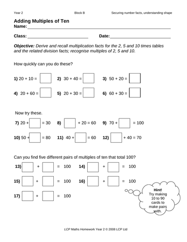Year 2 Maths Home Learning Mini Pack (16 sheets) includes Answers ...