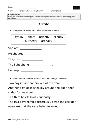 Year 4 Literacy/ English Home Learning Mini Pack(16 sheets) includes ...