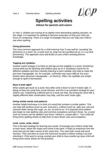Year 3 English/ Literacy Home Learning Mini Pack includes Parental ...