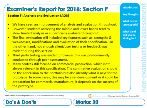 GCSE DT NEA AQA Guide to Section F – Analysing & Evaluating - NEW ...