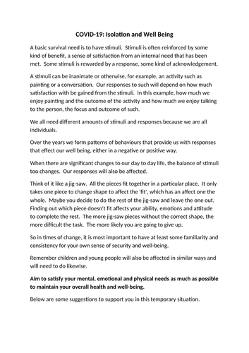 COVID-19: Isolation & Well-Being for All | Teaching Resources