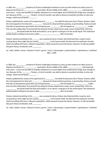 Louis Pasteur Germ Theory Gap Fill | Teaching Resources
