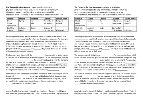 Theory of the Four Humours: Gap Fill Activity | Teaching Resources