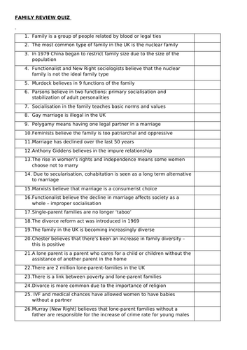 Component 1 - Family Review Quiz 58 statements! Sociology | Teaching ...