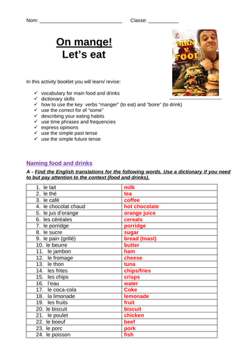 KS3 French Healthy Eating Independent Learning Booklet + Answer booklet ...