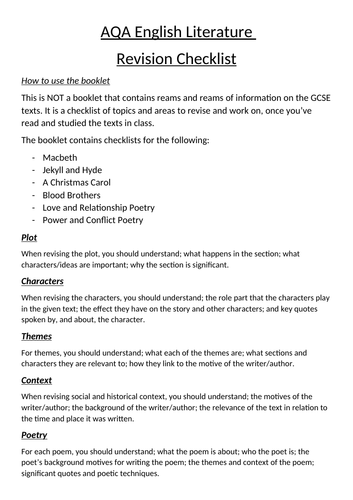 AQA English Literature Revision Checklist | Teaching Resources