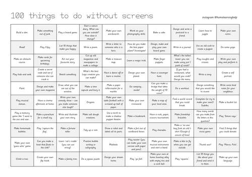 100 screen free activities | Teaching Resources