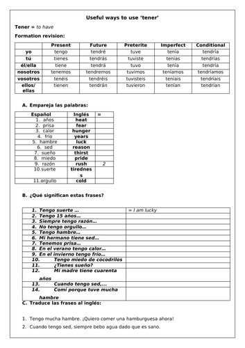 Spanish GCSE idiomatic expressions with tener | Teaching Resources