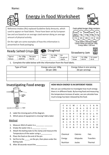 KS3 Energy in food worksheet | Teaching Resources