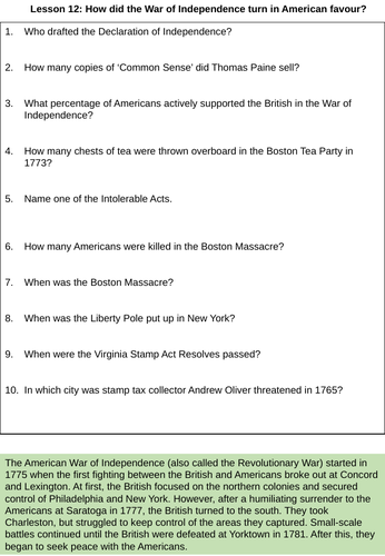 British America L12 War of Independence | Teaching Resources