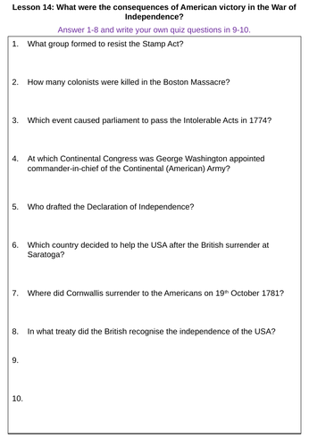 British America L14 Consequences of Independence War | Teaching Resources