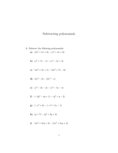 Subtracting polynomials worksheet no 2 (with solutions) | Teaching ...