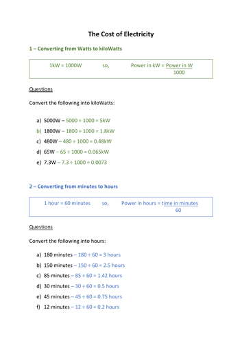 Cost of Electricity / kiloWatt-hour Worksheet | Teaching Resources