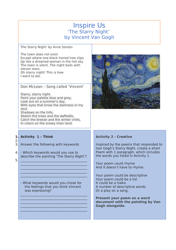 Van Gogh's Starry Night - Part 1 Literacy: Write a short Poem , Part 2 ...