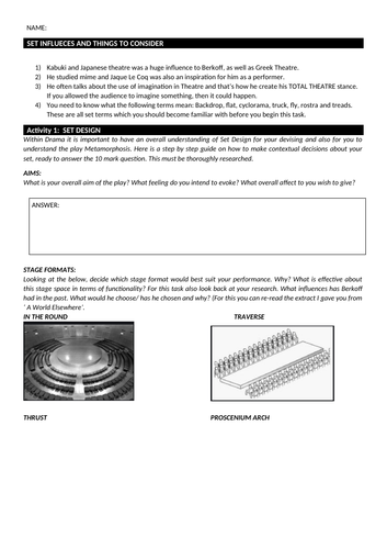 Set Design Metamorphosis Berkoff AQA - Home Learning Guide Lessons 1-3 ...