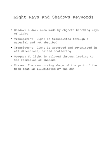 Light Rays, Shadows Word Search & Crossword Keywords | Teaching Resources
