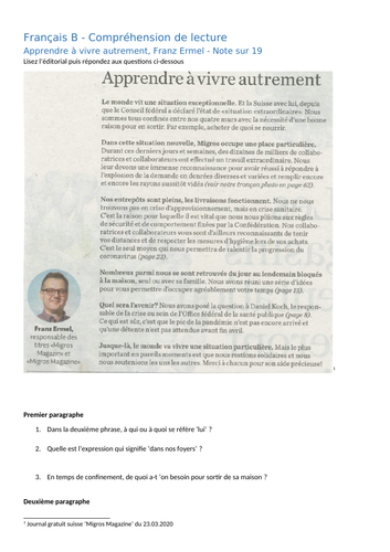 French B IB Reading comprehension COVID 19 Vivre solidaire en Suisse ...