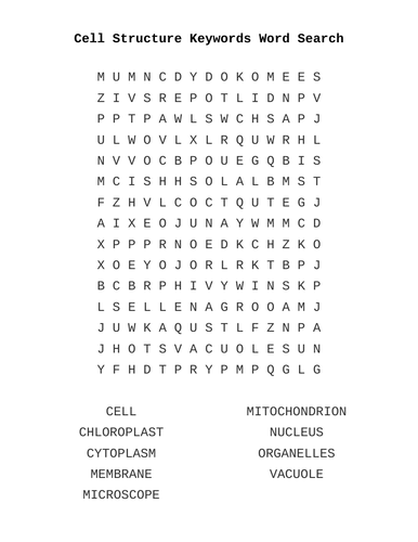 Cell Structure Word Search & Crossword KeyWords | Teaching Resources