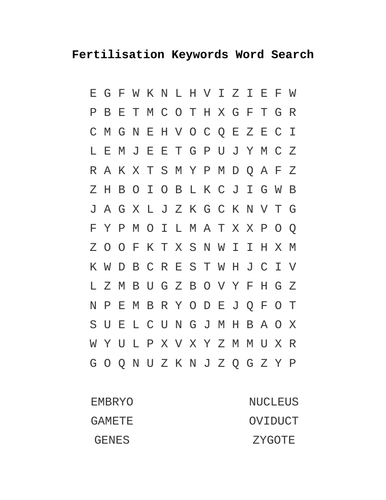 Fertilisation Crossword & Word Search KEYWORDS | Teaching Resources