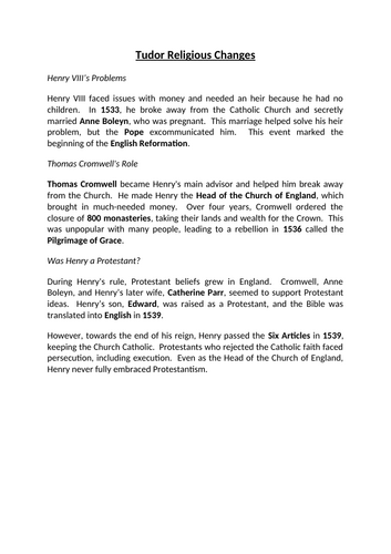 Religious Changes during the Tudor Era | Teaching Resources