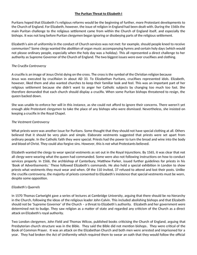 Puritan Opposition to Queen Elizabeth I | Teaching Resources