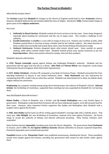 Puritan Opposition to Queen Elizabeth I | Teaching Resources