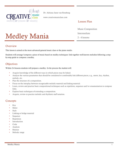 Medley Mania Music Composition Lesson Plan | Teaching Resources