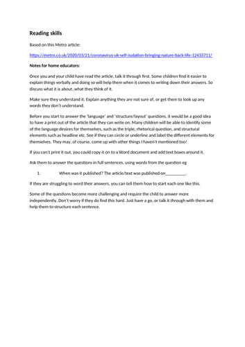 English KS3 Reading CV-19/ nature article | Teaching Resources